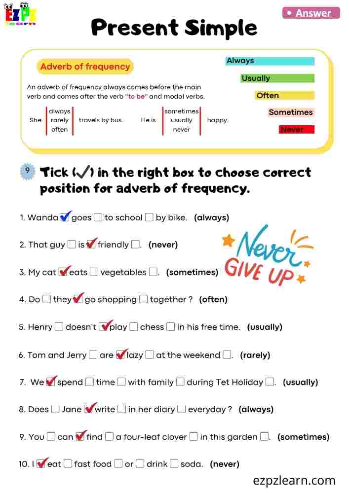 Present Simple and Adverbs of Frequency Worksheet – Tick in the right box to choose correct ...